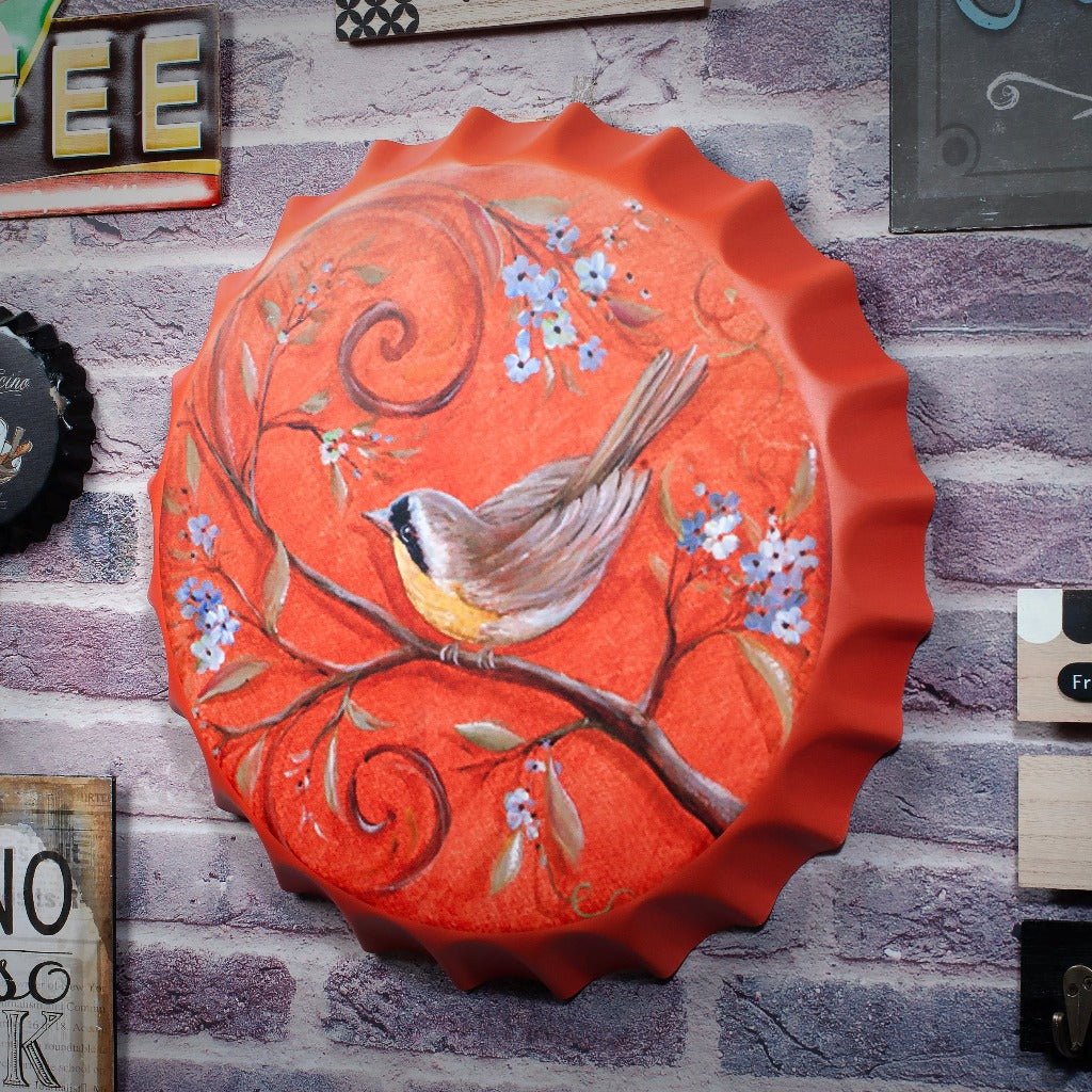 Bottle Caps wall decor sign - Orange Themed Bird (14"x14") — eazy wagon